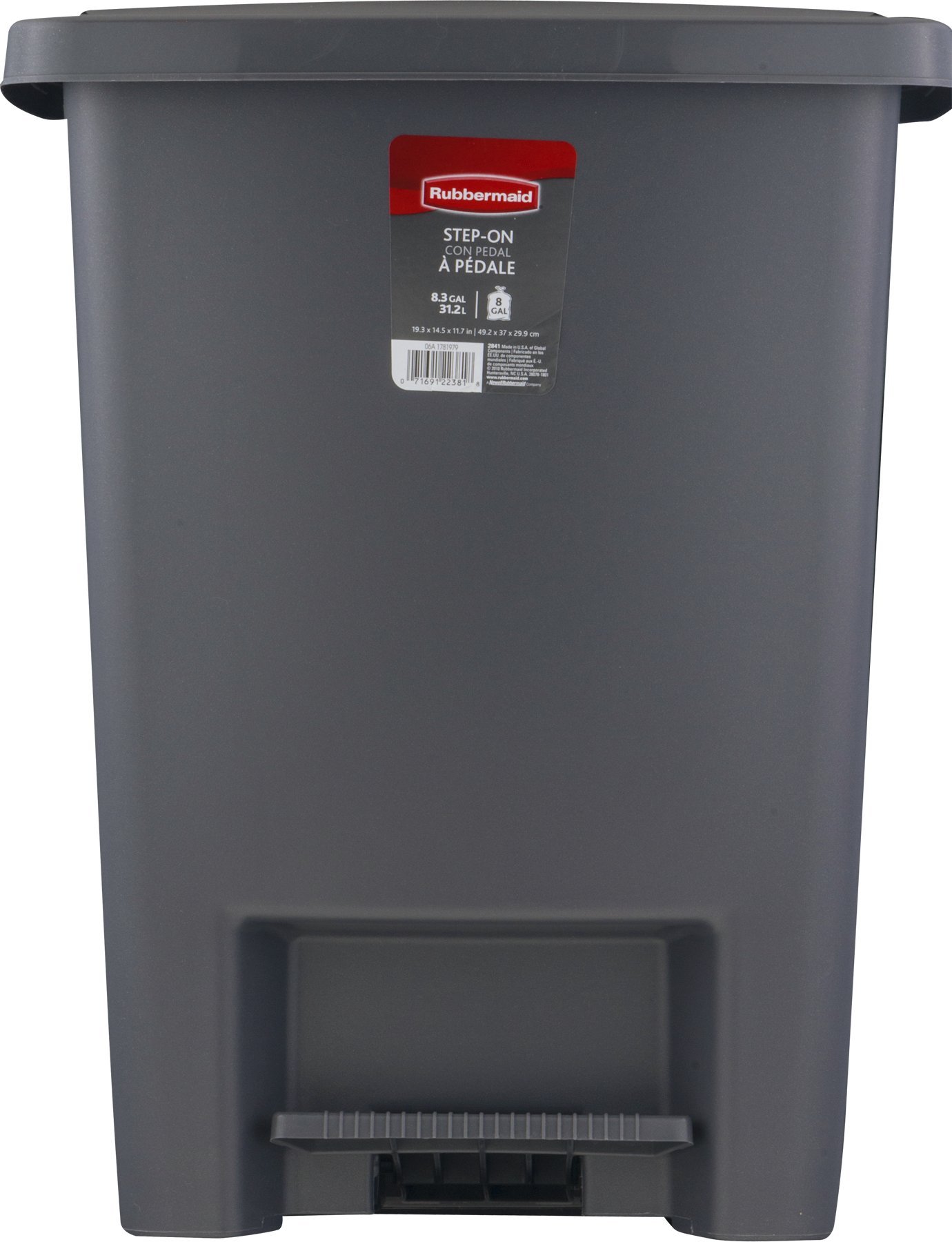 Rubbermaid Step-On Trash Can with Lid, 8.25-Gallon, Gray, Easy Clean Wastebasket for Home/Kitchen/Bedroom/Office