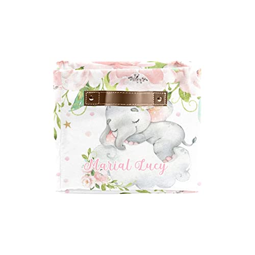 Elephant Pink Floral Personalized Storage Bins Basket Cubic Organizer with Durable Handle for Shelves Wardrobe Nursery Toy 1 Pack