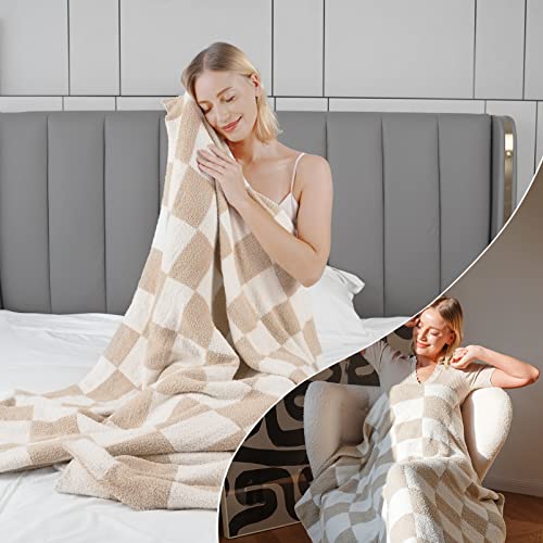 QQP Checkered Throw Blanket,Soft Cozy Microfiber Reversible Checkerboard Fluffy Throw Blanket,50X60In Blanket for Home Bed Couch.(Camel&White)