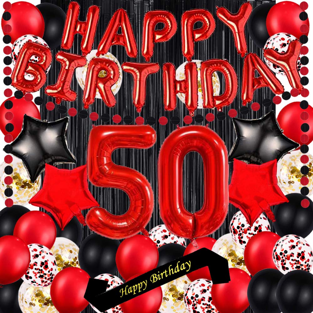 Red 50TH Birthday Party Decorations Supplies Red theme 16inch Red Foil Happy Birthday Balloons Banner Happy Birthday sash Foil Black Curtains Foil Balloons Number Red 50 Risehy
