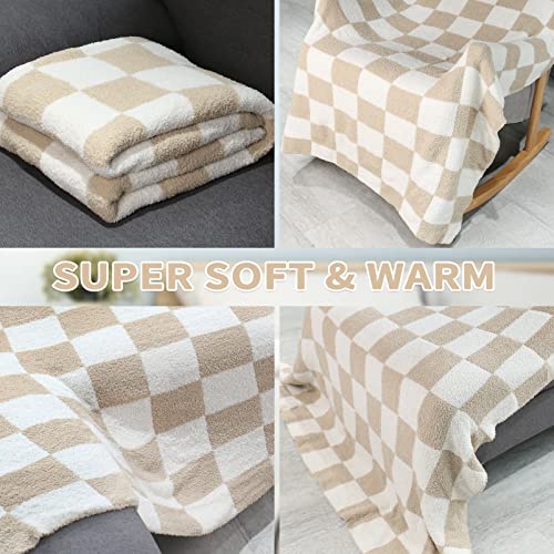 QQP Checkered Throw Blanket,Soft Cozy Microfiber Reversible Checkerboard Fluffy Throw Blanket,50X60In Blanket for Home Bed Couch.(Camel&White)
