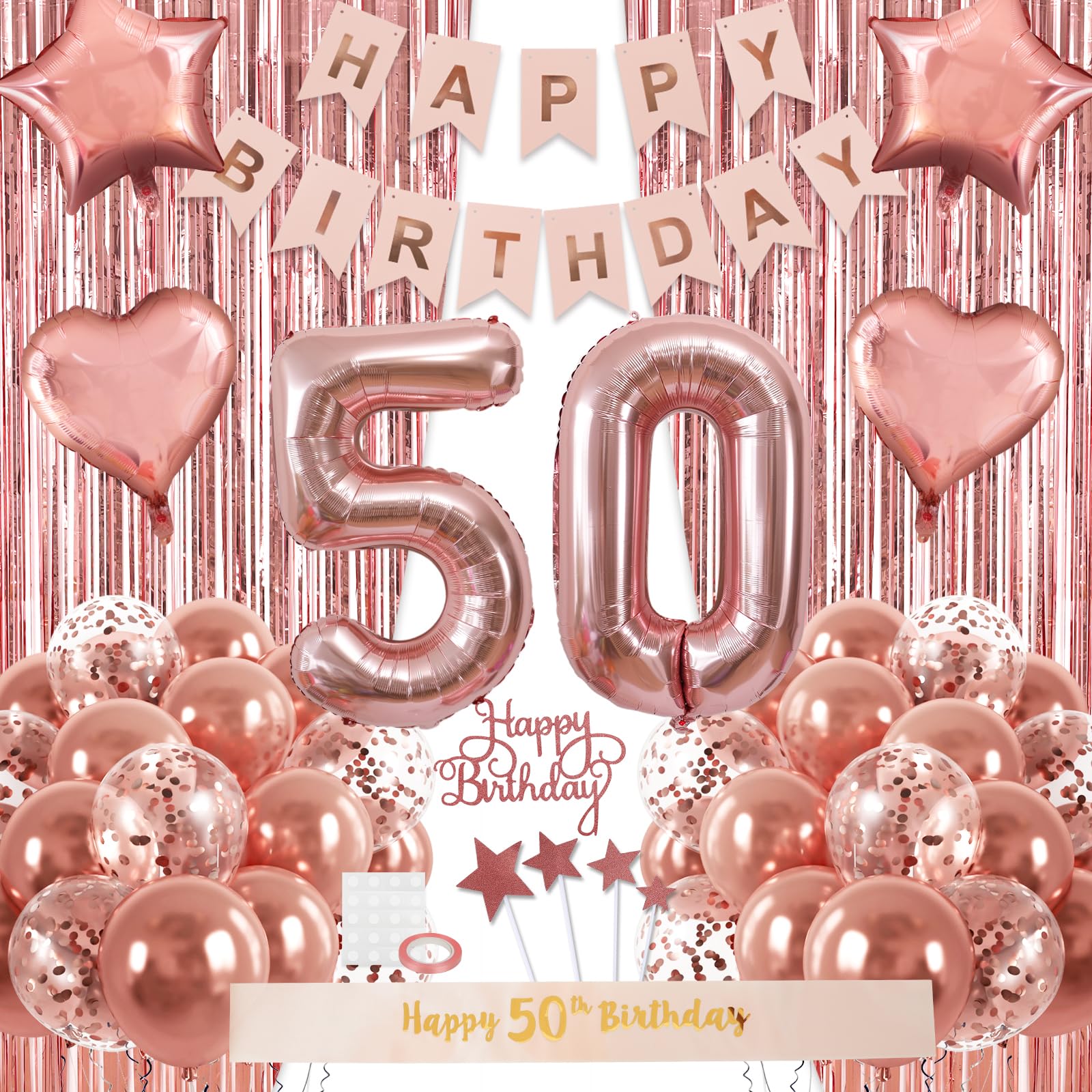 RUBFAC 50th Birthday Decorations for Women, Rose Gold 50 Birthday Party Decoration for Her, Happy 50th Birthday Banner,Fringe Curtain, Sash, Cake Topper And Number Balloon