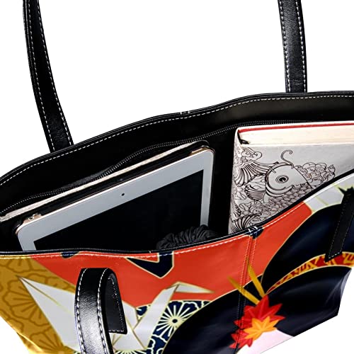 Japanese Geisha Crane Cherry Flowers Leather Tote Shoulder Bag for Women Satchel Handbag