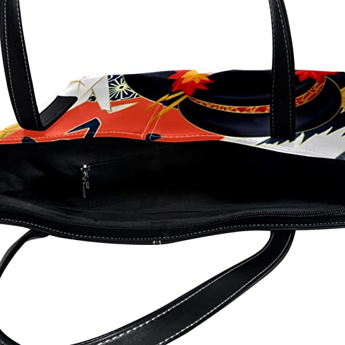 Japanese Geisha Crane Cherry Flowers Leather Tote Shoulder Bag for Women Satchel Handbag