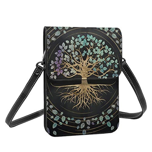 SKETVNHR Life Tree Yggdrasil Small Crossbody Cell Phone Purse for Women Soft Leather Fashion Travel Wallet with Adjustable Strap, Black
