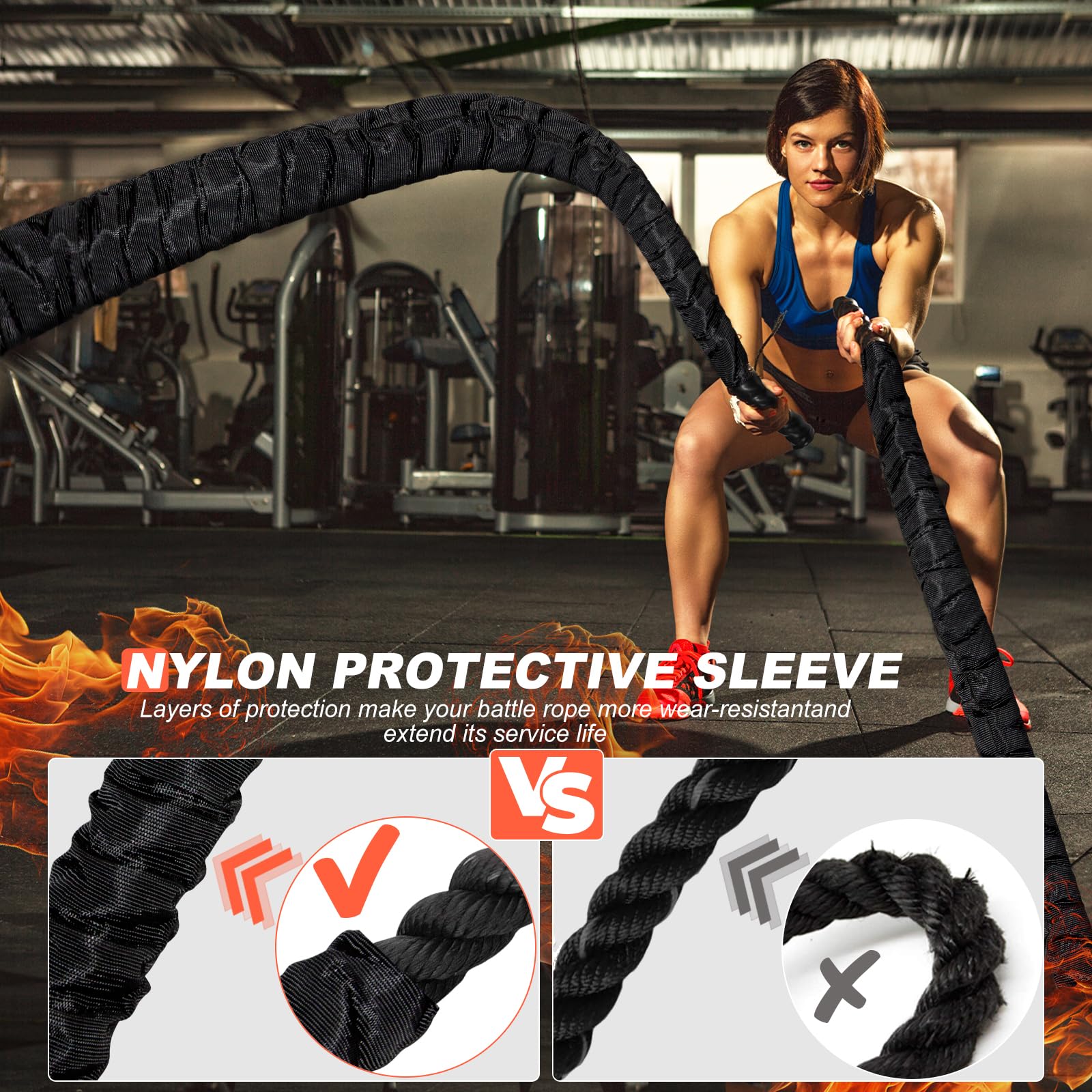 Battle Ropes for Home Gym Exercise: 1.5 Inch Diameter 40FT Length Workout Rope Exercise Rope Training Ropes with Protective Sleeve, Heavy Battle Rope For Workout Exercise Fitness & Strength Training