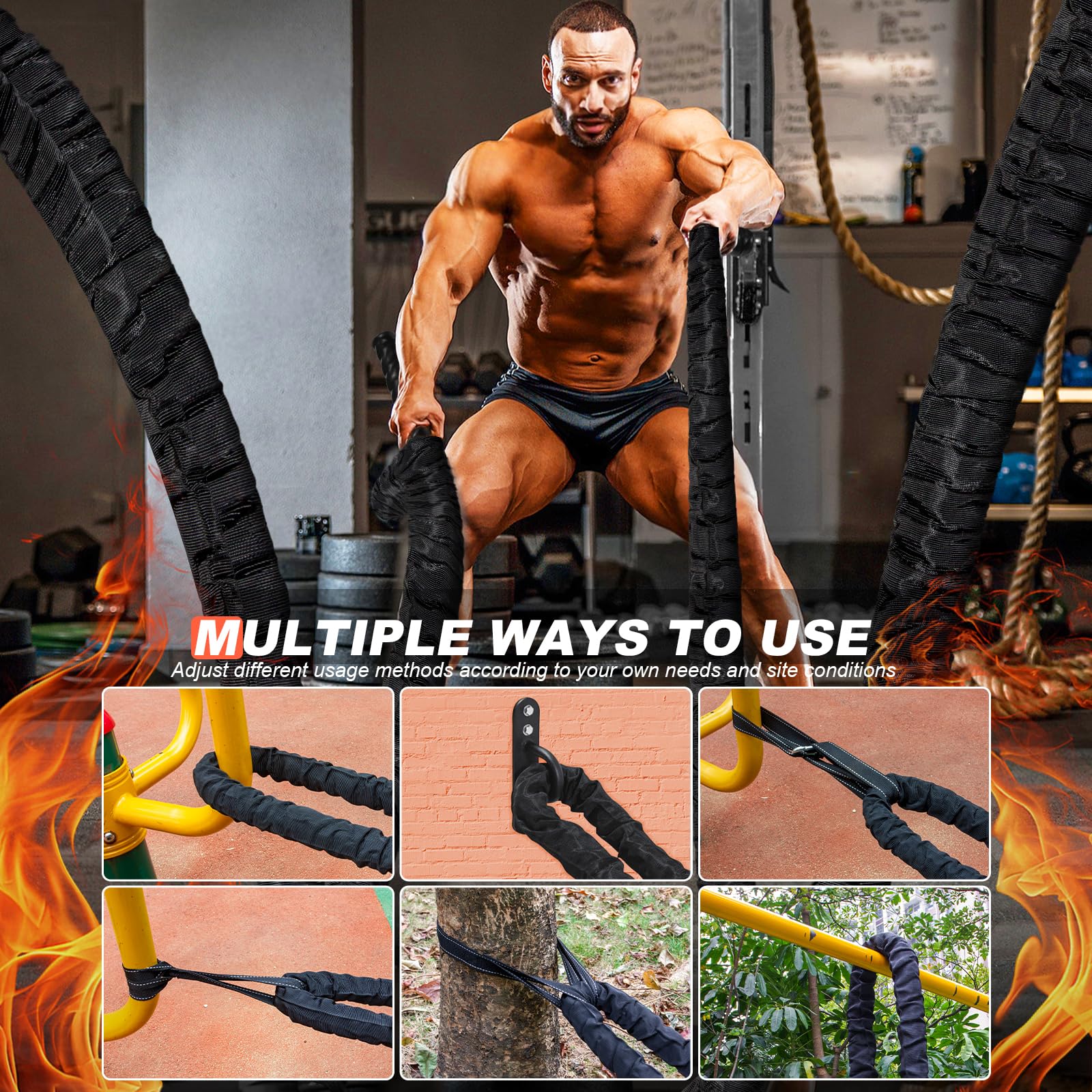 Battle Ropes for Home Gym Exercise: 1.5 Inch Diameter 40FT Length Workout Rope Exercise Rope Training Ropes with Protective Sleeve, Heavy Battle Rope For Workout Exercise Fitness & Strength Training