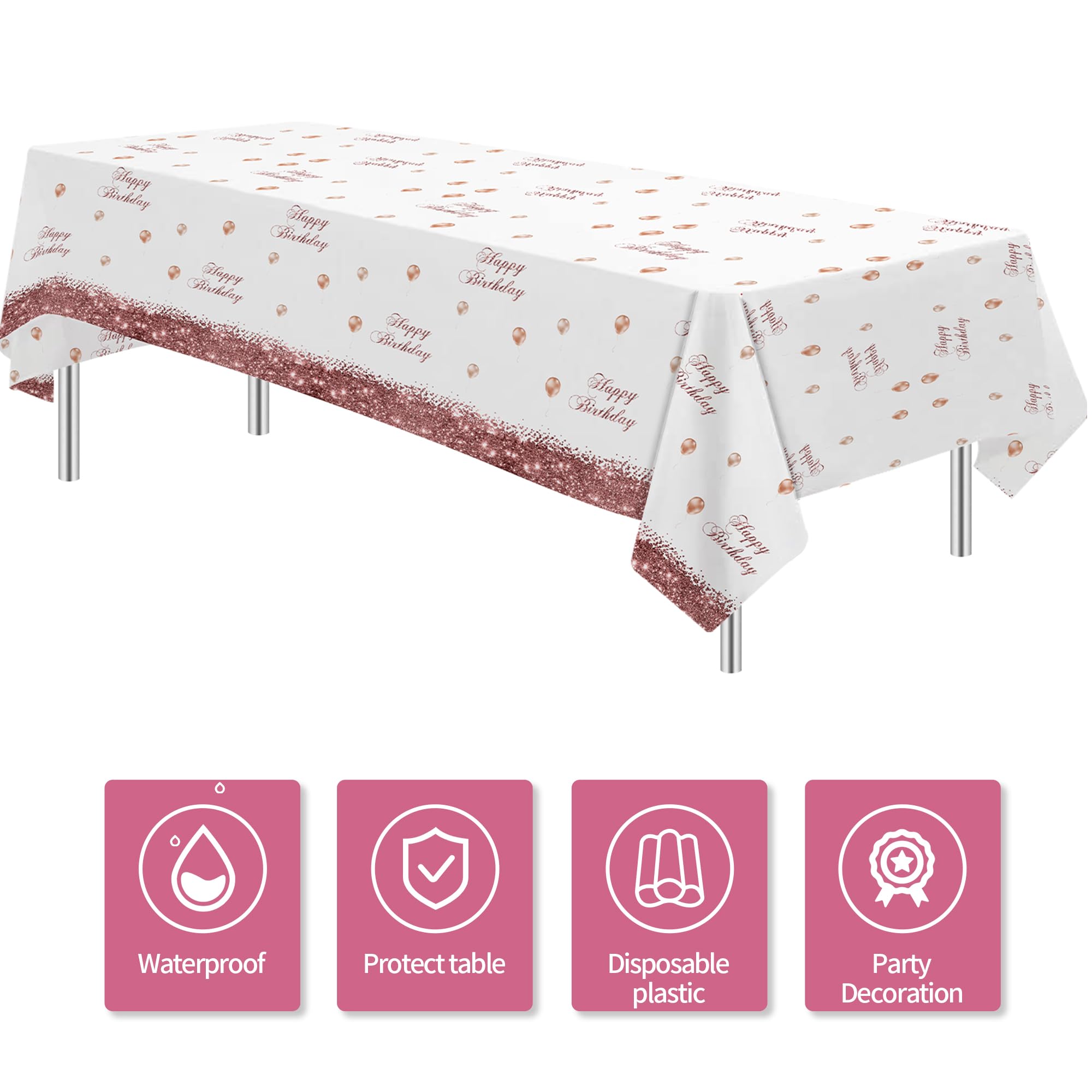 Xigejob Happy Birthday Decorations Tablecloth, Disposable Birthday Party Supplies Table Covers, Rose Gold Table Cloth for Women 30th 40th 50th 60th 70th 80th 90th Birthday | 2 Pack (54in x 108in)