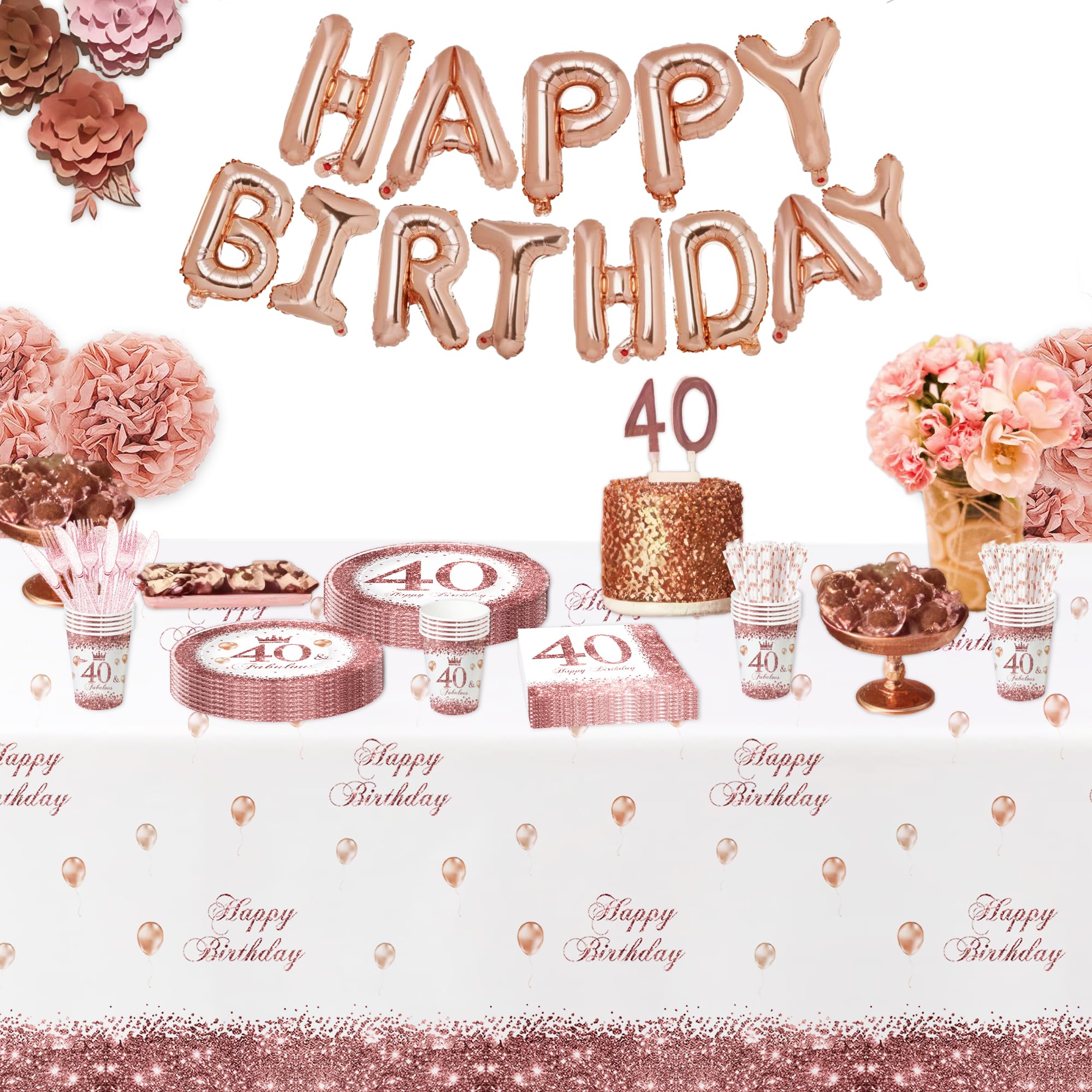 Xigejob Happy Birthday Decorations Tablecloth, Disposable Birthday Party Supplies Table Covers, Rose Gold Table Cloth for Women 30th 40th 50th 60th 70th 80th 90th Birthday | 2 Pack (54in x 108in)
