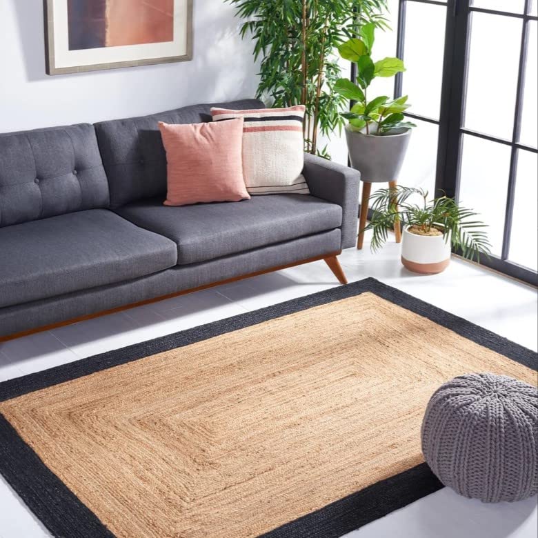 Durrie India Hand Woven Jute Braided Rug 6' x 4' Natural Frame Pattern Farm House Accent Rugs for Living Room, Kitchen, Bedroom Area Rug (72x48 Inches)