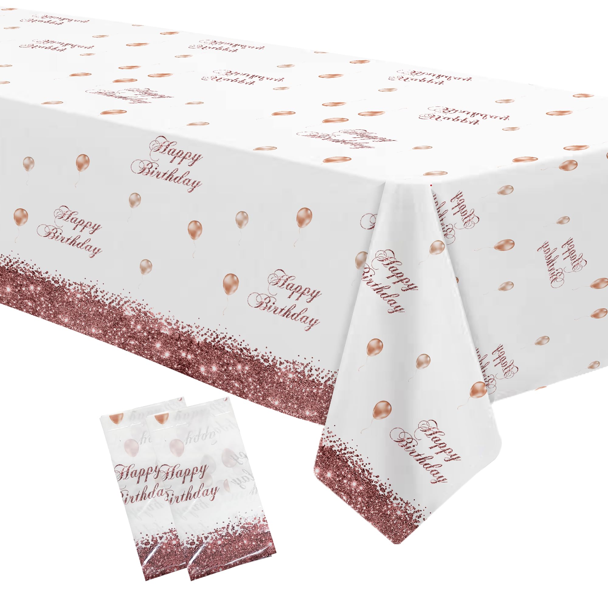 Xigejob Happy Birthday Decorations Tablecloth, Disposable Birthday Party Supplies Table Covers, Rose Gold Table Cloth for Women 30th 40th 50th 60th 70th 80th 90th Birthday | 2 Pack (54in x 108in)