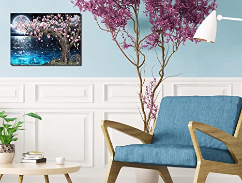 Magnolia Tree Wall-Art For Bedroom - Pink And Blue Wall Decor - Moon Framed Canvas Art Picture 16" x 12"
