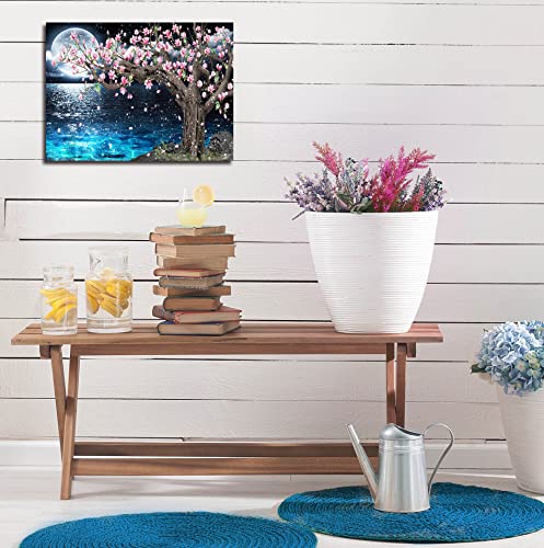 Magnolia Tree Wall-Art For Bedroom - Pink And Blue Wall Decor - Moon Framed Canvas Art Picture 16" x 12"