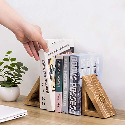 MyGift Rustic Burnt Wood Office Decor Bookends with Triangular Design, Decorative Wooden Bookend Book Stand with Brass Tone Ring Accent, 1 Pair