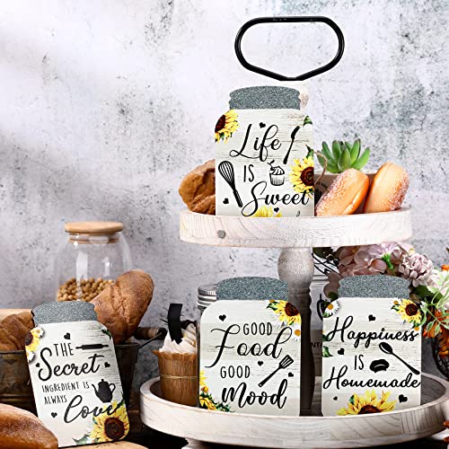 4 Pcs Kitchen Wall Decor Mason Jar Set Wooden Rustic Home Decor Country Kitchen Decor Kitchen Signs Rustic Farmhouse Decorations Kitchen Wall Art Mason Jar Wall Hanging Plaque, 6 x 4 Inch (Sunflower)