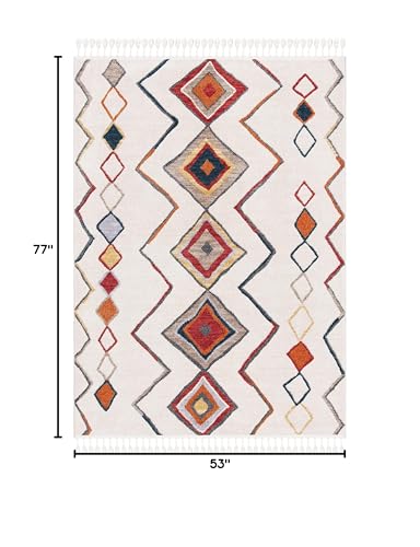 SAFAVIEH Farmhouse Collection 4'5" x 6'5" Ivory/Gold FMH599A Moroccan Boho Tassel Area Rug