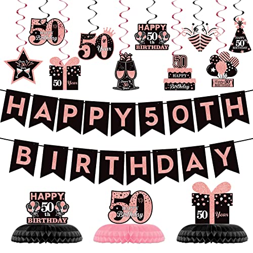 50th Glitter Rose Gold Birthday Banner Party Decorations, Happy 50th Birthday Decorations Hanging Swirls Banner Honeycomb Centerpieces for Women Happy 50 Years Old Bday Party