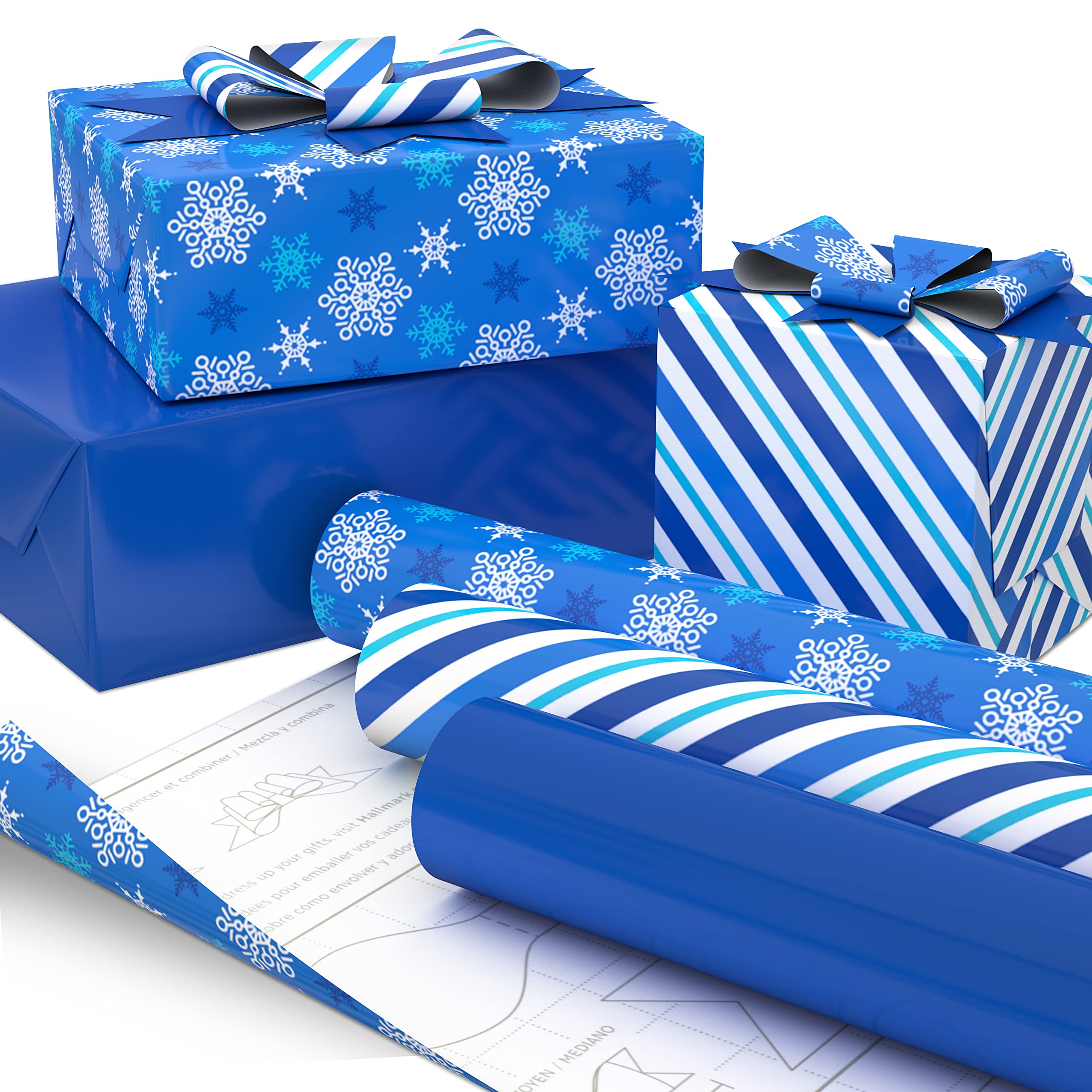 Hallmark Holiday Wrapping Paper with DIY Bow Templates on Reverse (3 Rolls: 120 sq. ft. ttl) Blue and White Snowflakes, Stripes, Solid Blue for Christmas, Hanukkah, Weddings, Birthdays