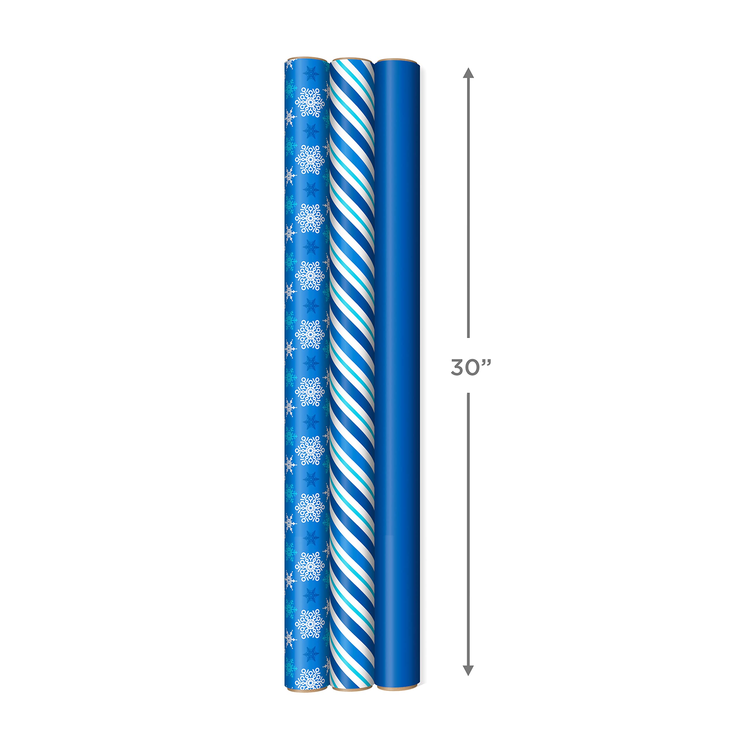Hallmark Holiday Wrapping Paper with DIY Bow Templates on Reverse (3 Rolls: 120 sq. ft. ttl) Blue and White Snowflakes, Stripes, Solid Blue for Christmas, Hanukkah, Weddings, Birthdays