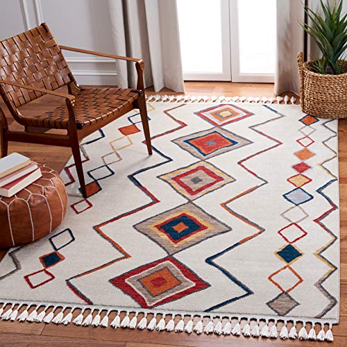 SAFAVIEH Farmhouse Collection 4'5" x 6'5" Ivory/Gold FMH599A Moroccan Boho Tassel Area Rug
