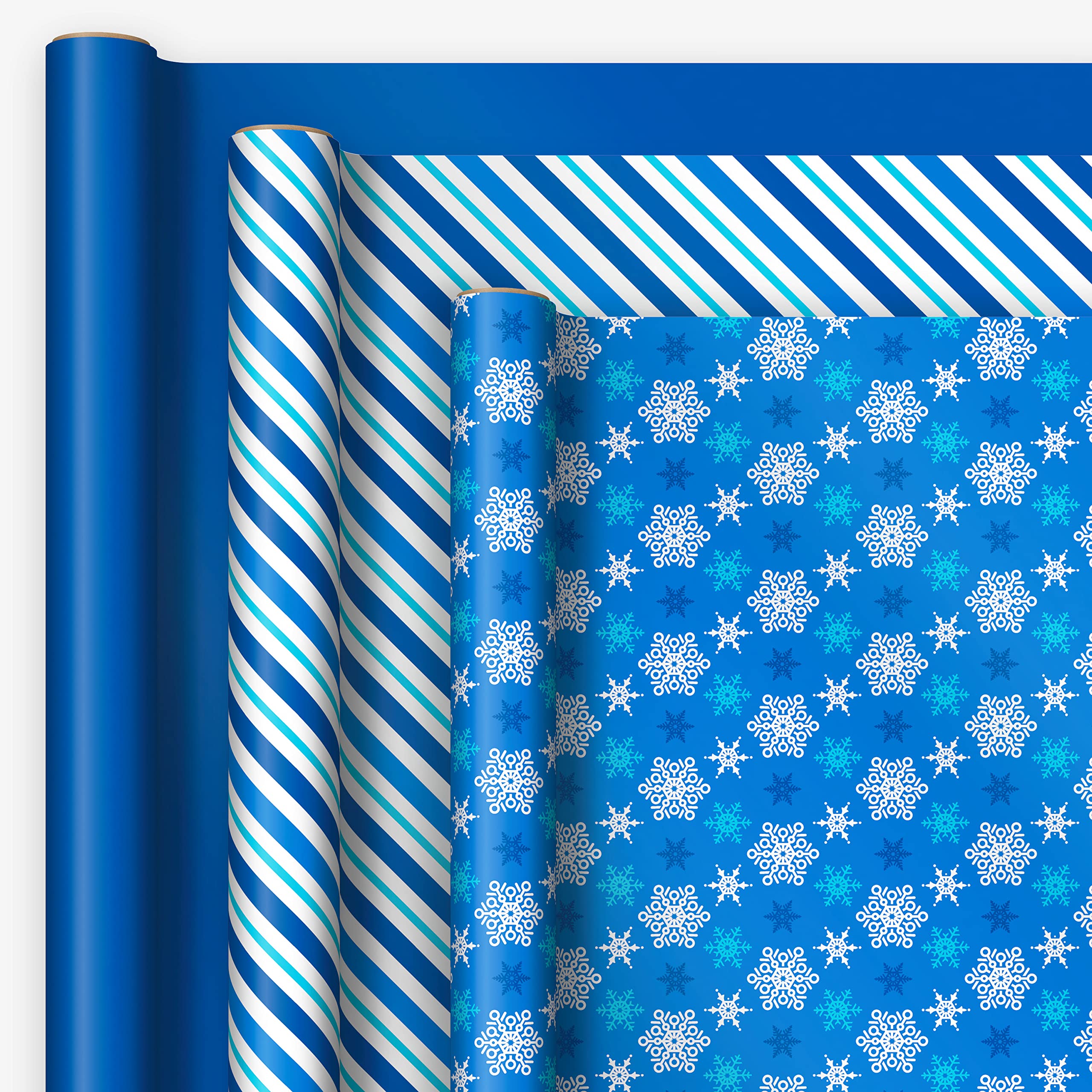 Hallmark Holiday Wrapping Paper with DIY Bow Templates on Reverse (3 Rolls: 120 sq. ft. ttl) Blue and White Snowflakes, Stripes, Solid Blue for Christmas, Hanukkah, Weddings, Birthdays