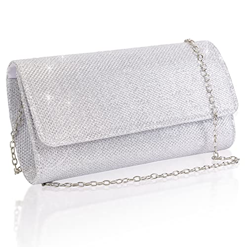 Larcenciel Clutch Purses for Women, Shiny Sequin Envelope Clutch Evening Bag w/Chain, Fashion Shoulder Crossbody Handbags, Elegant Party Prom Purse Bride Wedding Guest Clutch Dress Carry on Bag-Silver