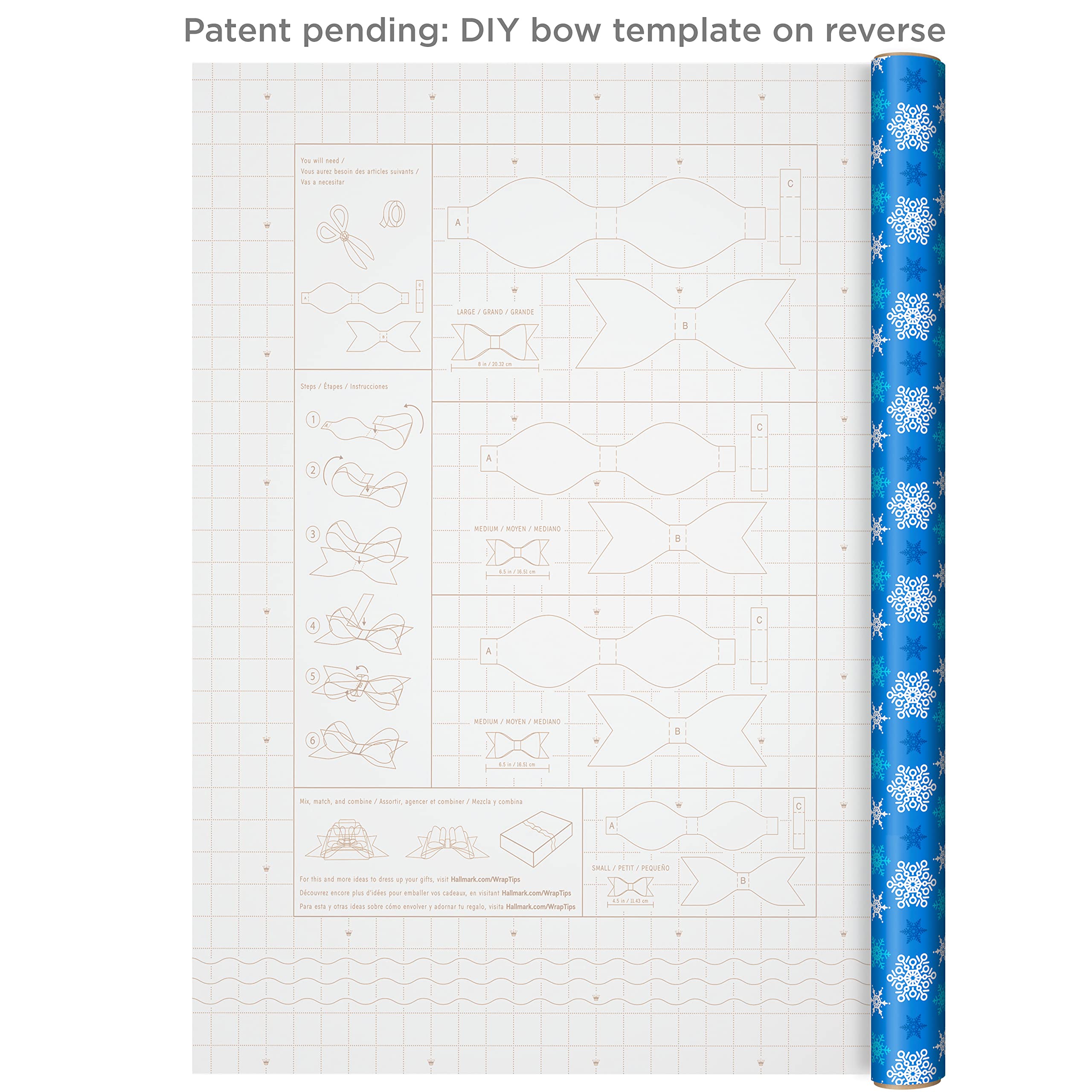 Hallmark Holiday Wrapping Paper with DIY Bow Templates on Reverse (3 Rolls: 120 sq. ft. ttl) Blue and White Snowflakes, Stripes, Solid Blue for Christmas, Hanukkah, Weddings, Birthdays