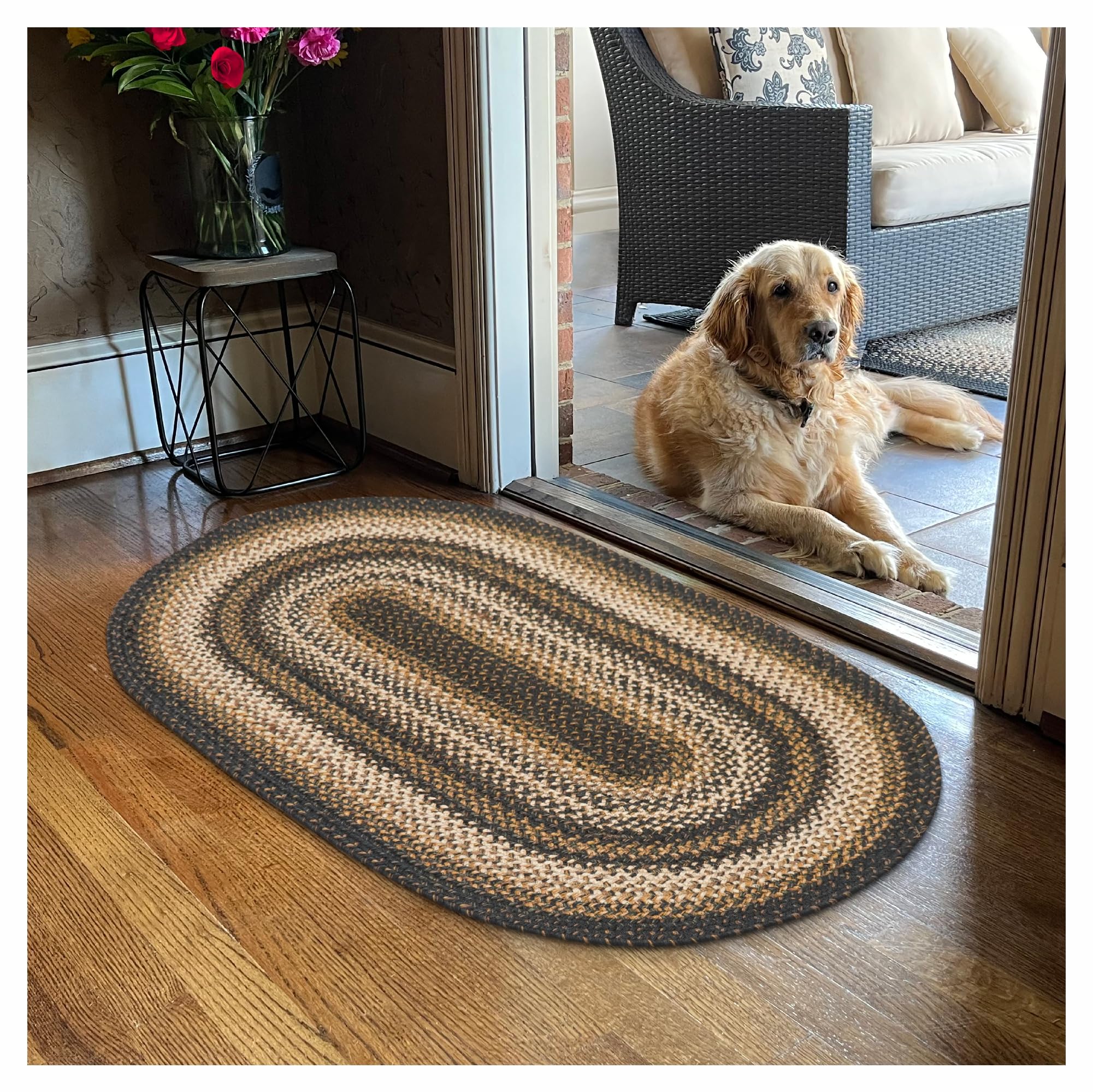 Homespice 20x30” Black Oval Braided Rug. Kilimanjaro Black Jute Oval Rug. Uses- Entryway Rugs, Kitchen Rugs, Bathroom Rugs. Reversible, Rustic, Country, Primitive, Farmhouse Decor Rug