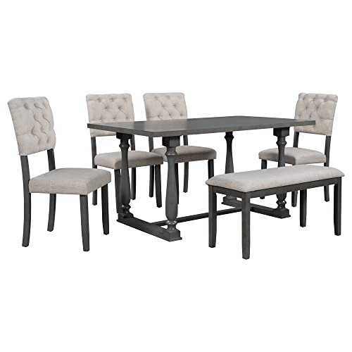 KLMM Retro Dining Room Set, 6-Piece Kitchen Dining Table Set with Special-Shaped Legs and Foam-Covered Seat Backs&Cushions,6-Person Configuration for Family Use (Gray+Retro3)