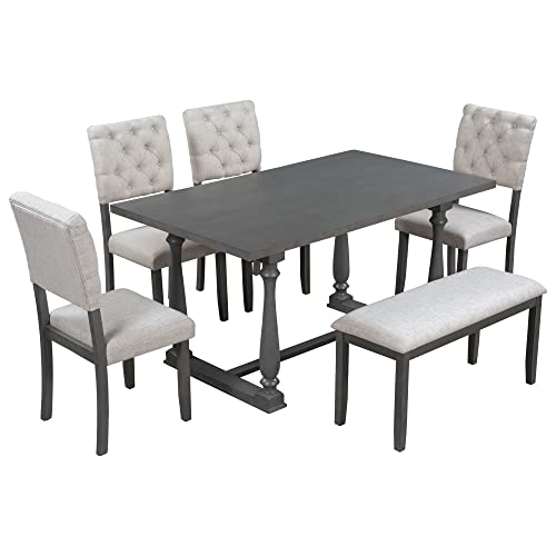 KLMM Retro Dining Room Set, 6-Piece Kitchen Dining Table Set with Special-Shaped Legs and Foam-Covered Seat Backs&Cushions,6-Person Configuration for Family Use (Gray+Retro3)
