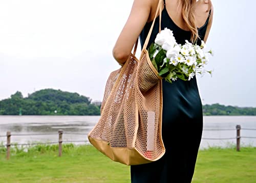 Covelin Women's Beach Tote Bag, Mesh Handbag Top-Handle Shoulder Bag Tan