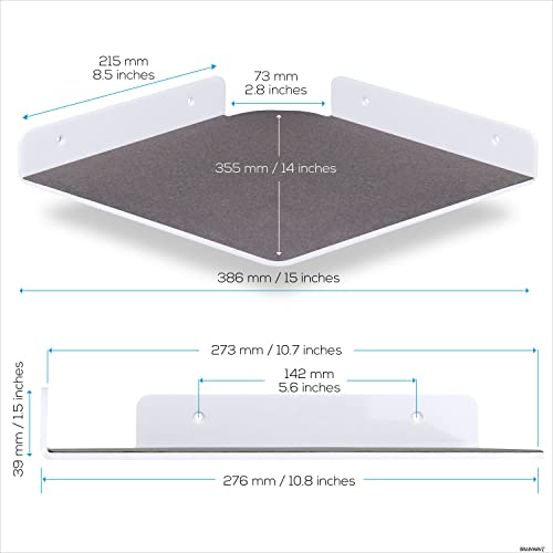 BRAINWAVZ 2-Pack 10โ Corner Floating Shelf for Speakers, Books, Decor, Plants, Cameras, Photos, Kitchen, Bathroom, Routers & More Universal Small Holder Acrylic Wall Shelves (White)