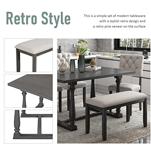 KLMM Retro Dining Room Set, 6-Piece Kitchen Dining Table Set with Special-Shaped Legs and Foam-Covered Seat Backs&Cushions,6-Person Configuration for Family Use (Gray+Retro3)