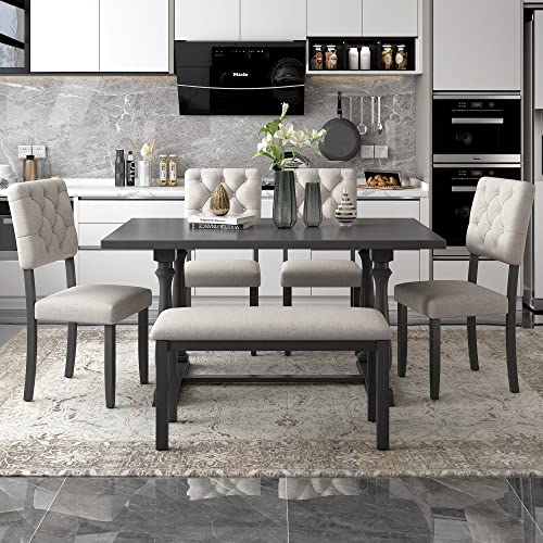 KLMM Retro Dining Room Set, 6-Piece Kitchen Dining Table Set with Special-Shaped Legs and Foam-Covered Seat Backs&Cushions,6-Person Configuration for Family Use (Gray+Retro3)