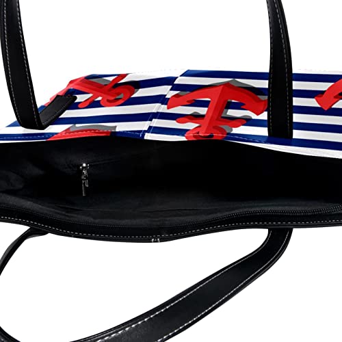 Large Leather Handbags for Women Nautical Ocean Stripe Anchor Top Handle Shoulder Satchel Hobo Bag
