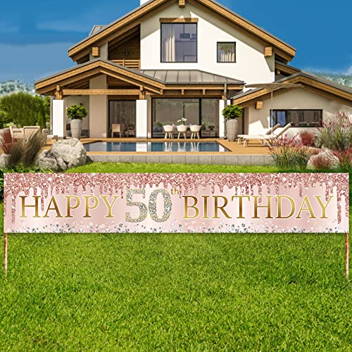 50th Birthday Banner Decorations for Women, Pink Rose Gold Happy 50 Birthday Sign Party Supplies, Large Fifty Year Old Birthday Decor for Outdoor Indoor(9.8x1.6ft)