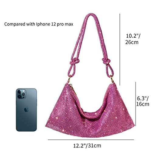Rhinestone Shoulder Evening Bag for Women Stylish Sparkly Handbag and Purse Bling Hobo Shiny Clutch for Party Wedding (Pink)