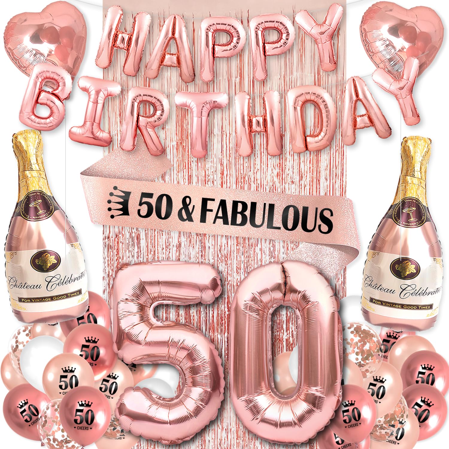 PartyForever Happy 50th Birthday Decorations for Women Rose Gold Supplies Big Set including Happy Birthday Banner with 50 and Fabulous Bday Sash for Her Party Decor