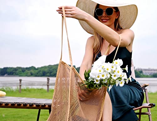 Covelin Women's Beach Tote Bag, Mesh Handbag Top-Handle Shoulder Bag Tan