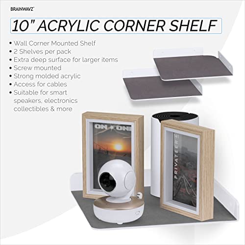 BRAINWAVZ 2-Pack 10โ Corner Floating Shelf for Speakers, Books, Decor, Plants, Cameras, Photos, Kitchen, Bathroom, Routers & More Universal Small Holder Acrylic Wall Shelves (White)