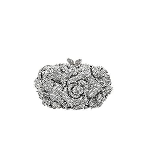 DEBIMY Rose Flower Crystal Purses Sparkly Rhinestone Evening Clutch for Women Wedding Party Cocktail Handbags Silver