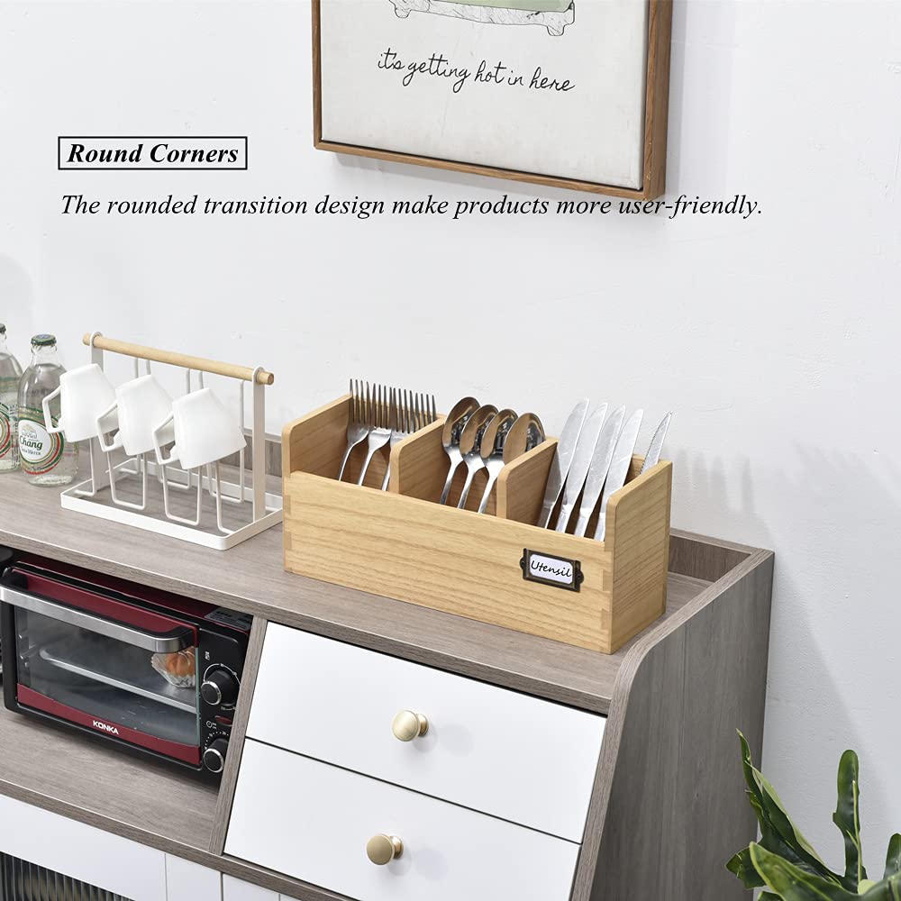 Kirigen Wood Kitchen Utensil Holder With 3 Compartments - Wooden Cooking Storage Flatware, Cutlery, Silverware Caddy - Countertop Decorative Utensils Organizer Crock Natural,3KH-NA