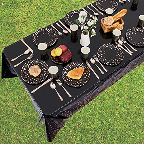 vannyster Black 4 Pack 54x108 Inch Disposable Plastic Tablecloths, Rose Gold Dot Confetti Table Covers for Party Supplies