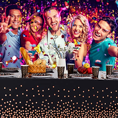 vannyster Black 4 Pack 54x108 Inch Disposable Plastic Tablecloths, Rose Gold Dot Confetti Table Covers for Party Supplies