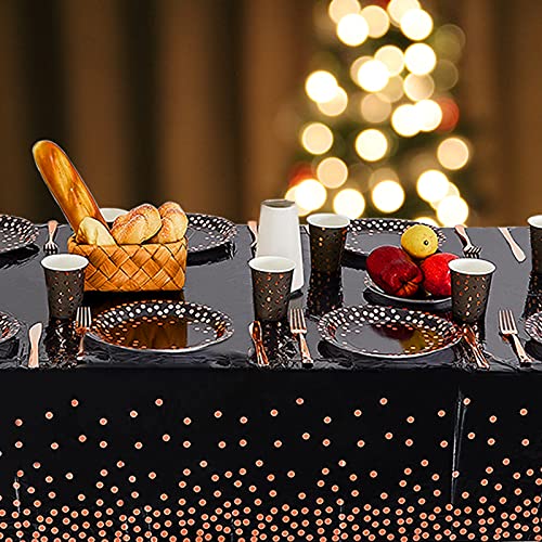 vannyster Black 4 Pack 54x108 Inch Disposable Plastic Tablecloths, Rose Gold Dot Confetti Table Covers for Party Supplies
