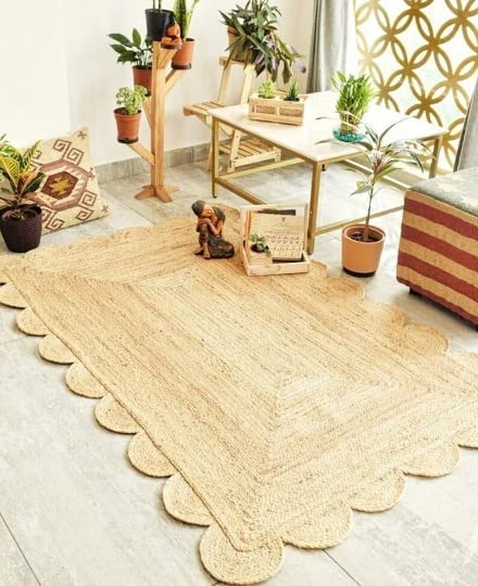 THE RUG CAFE Natural Scalloped Jute Area Rug Bohemian Scallop Boho Decor Area Handwoven Custom Rugs Decorative Rug Natural Base Off Color Trim Reversible Braided Woven Rugs (Natural 4 X 6 Feet)
