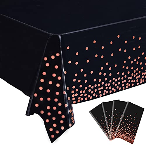 vannyster Black 4 Pack 54x108 Inch Disposable Plastic Tablecloths, Rose Gold Dot Confetti Table Covers for Party Supplies
