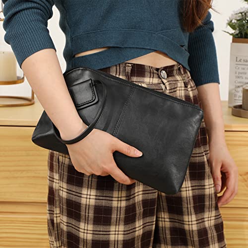 THOVSMOON Wristlet Clutch Purses for Women,Soft Vegan Leather Evening bag with Round handle,LargeĀ Zippered Bracelet Clutch (Black)