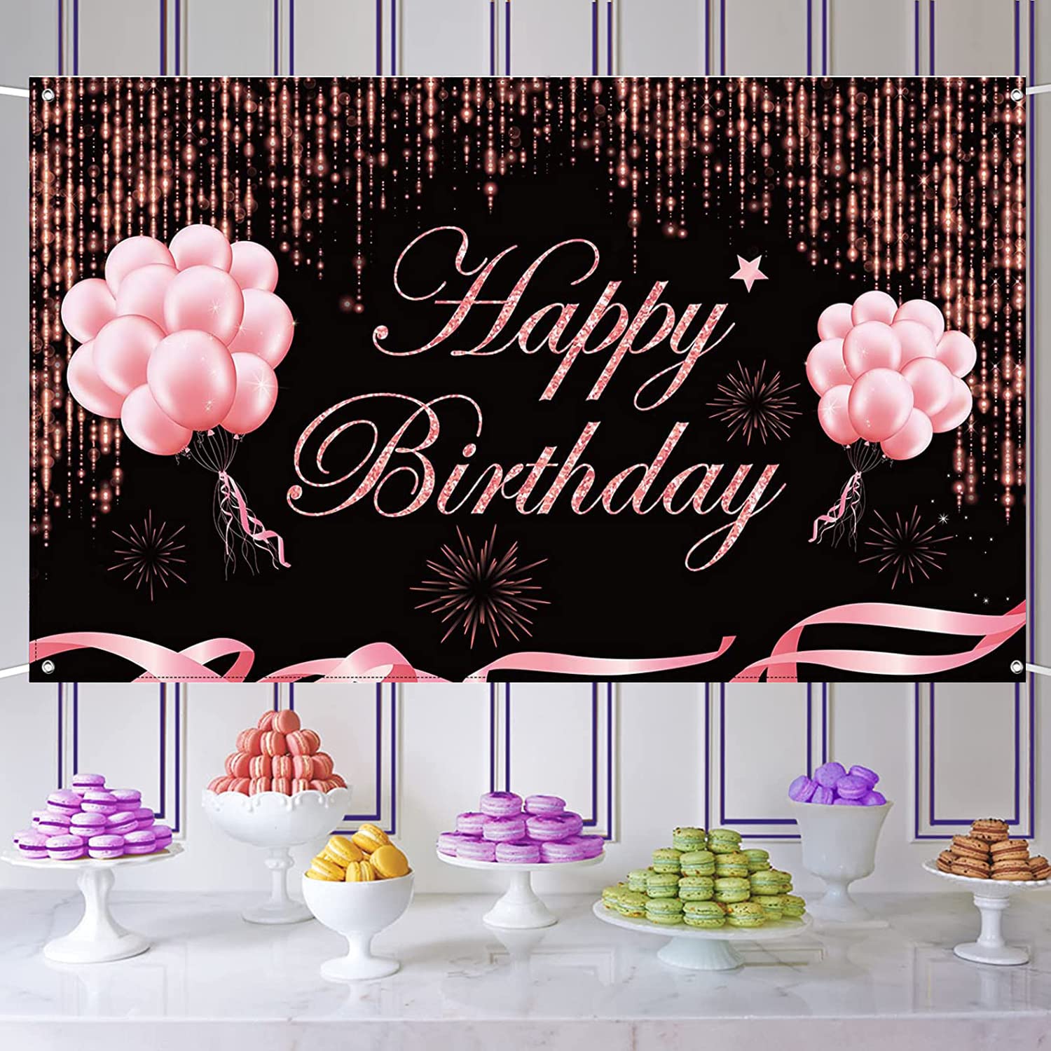 Happy Birthday Backdrop Banner Large Black and Rose Gold Glitter Sign Poster Photo Background for 30th 40th 50th 60th 70th 80th Birthday Party Decorations Supplies