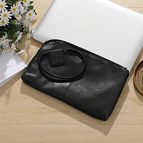 THOVSMOON Wristlet Clutch Purses for Women,Soft Vegan Leather Evening bag with Round handle,LargeĀ Zippered Bracelet Clutch (Black)